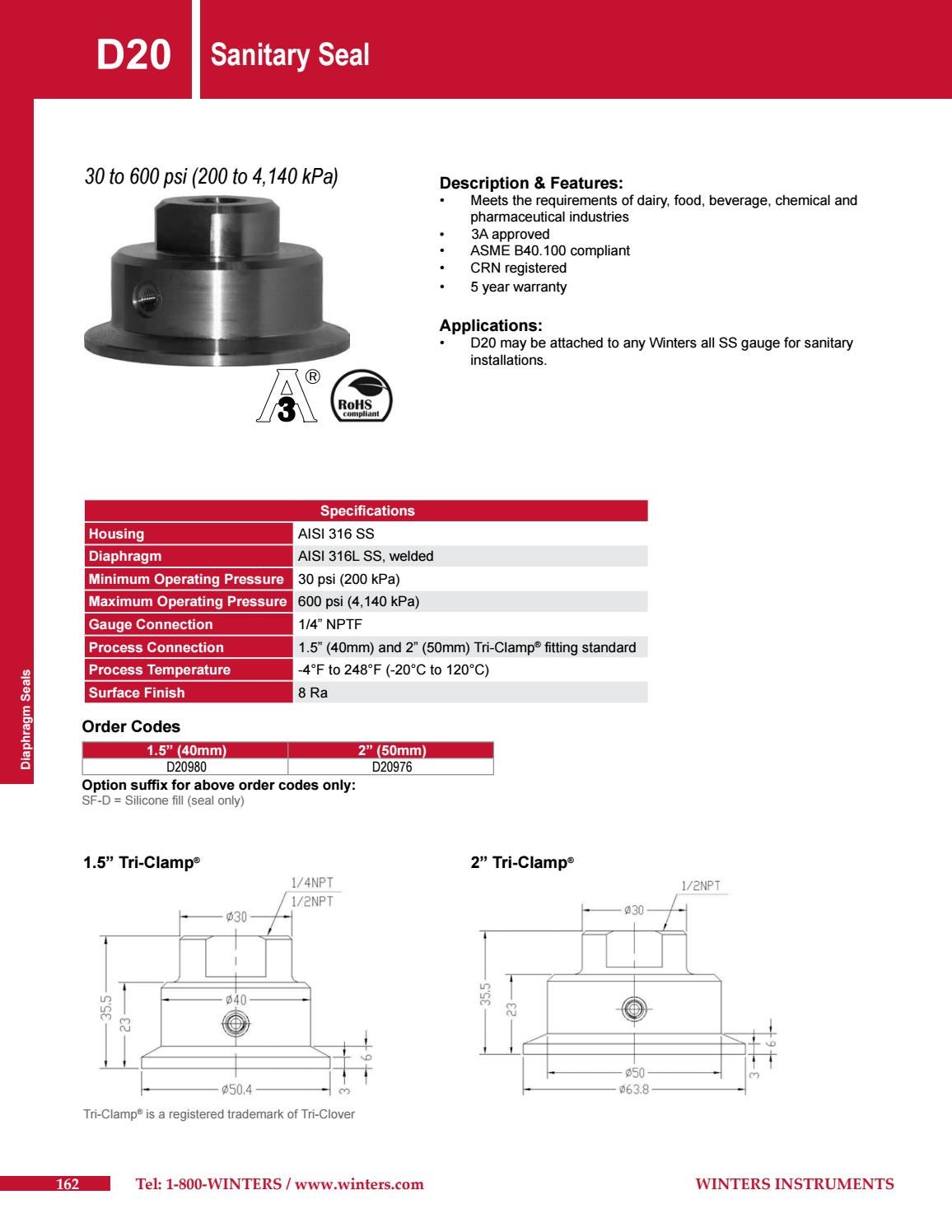 D20 #20 Diaphragm Seal - Winters Instruments - https://xwesupply.com ...