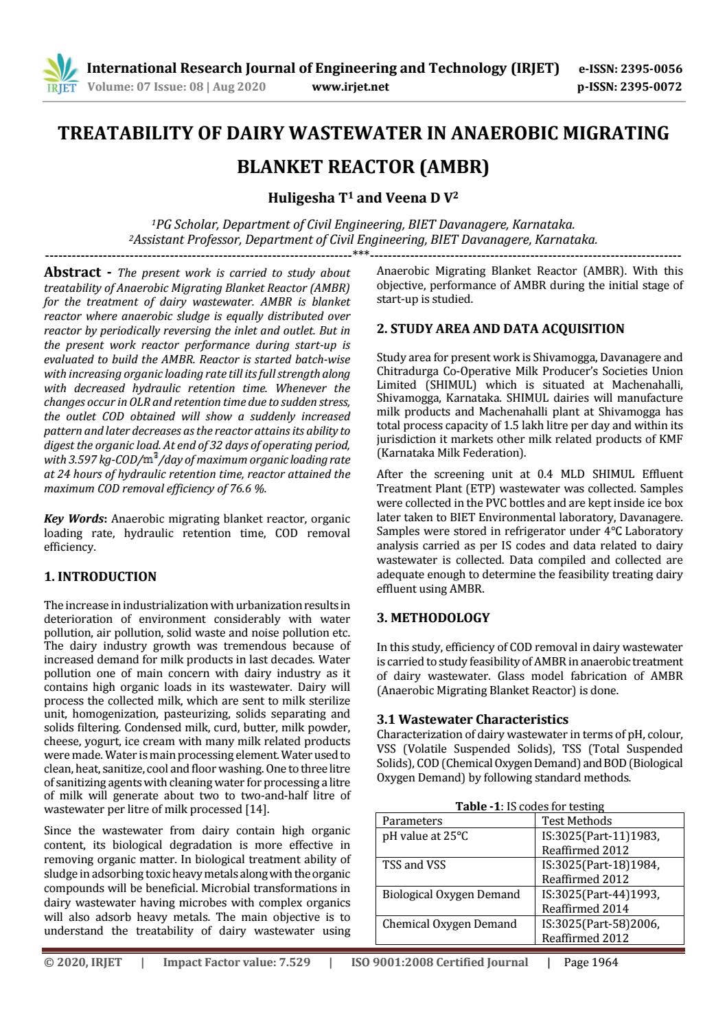 IRJET- Treatability of Dairy Wastewater in Anaerobic Migrating Blanket ...