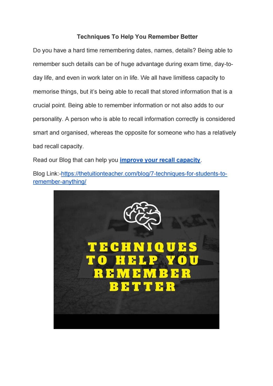 Techniques To Help You Remember Better by The Tuition Teacher - Issuu