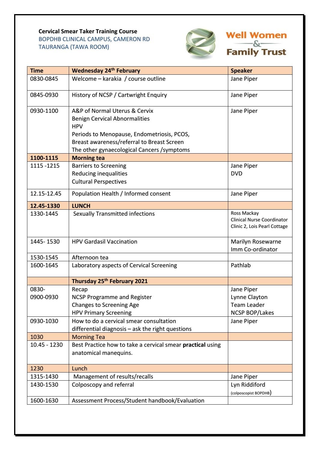 Program Cervical Sample Taker Training FEB 2021 TAURANGA by WBOP PHO - Issuu