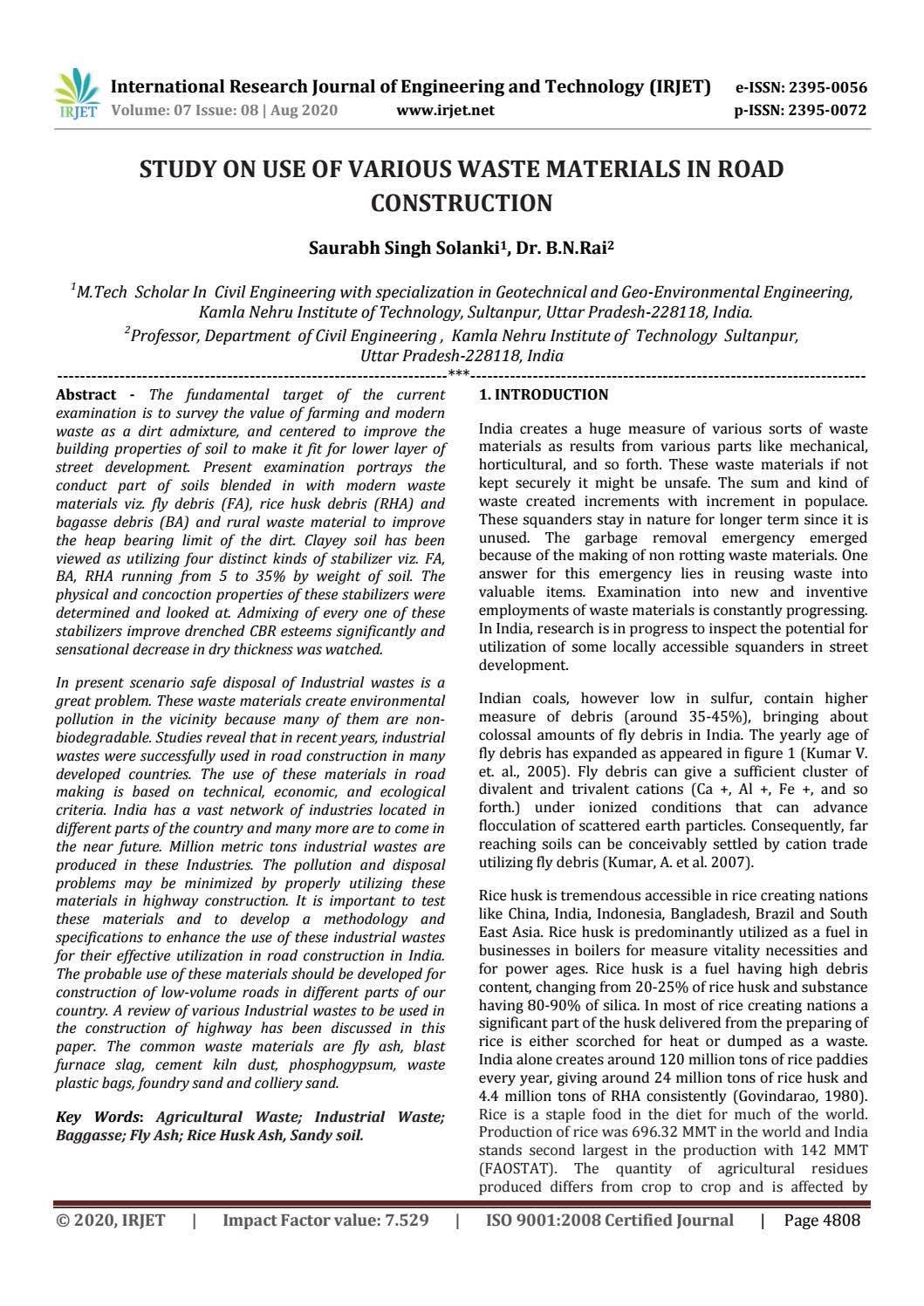 IRJET- Study on Use of Various Waste Materials in Road Construction by IRJET Journal - Issuu