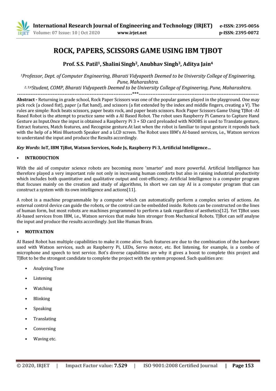 IRJET- Rock, Papers, Scissors Game using IBM TJBOT by IRJET Journal - Issuu