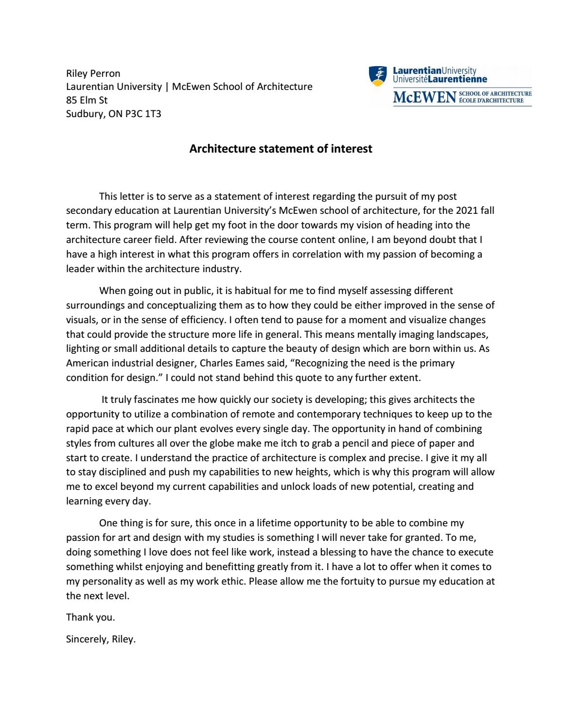 Statement of interest & References (Laurentian University) by Riley ...