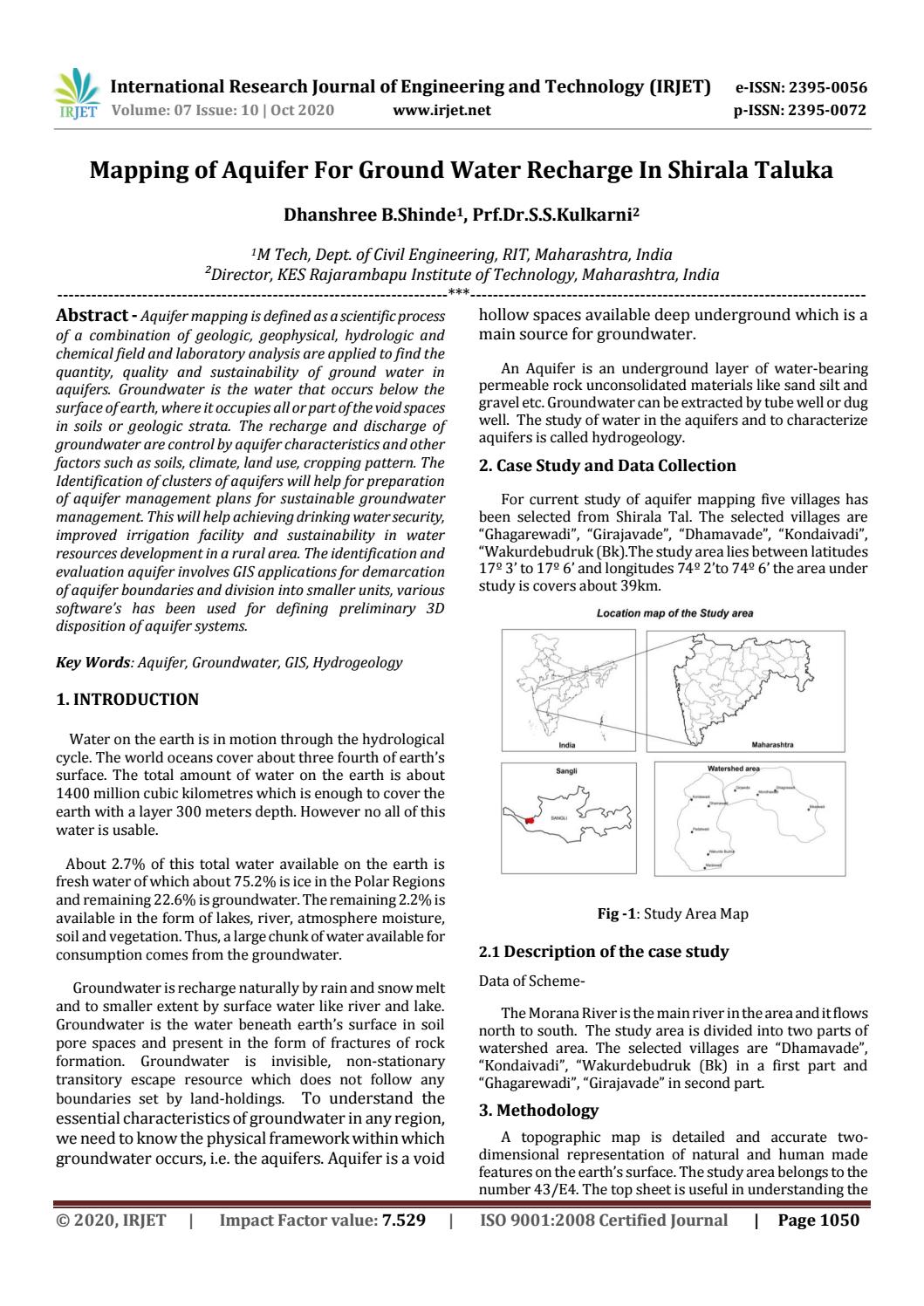 IRJET- Mapping of Aquifer for Ground Water Recharge in Shirala Taluka ...