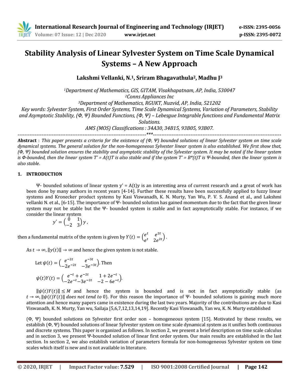 IRJET- Stability Analysis of Linear Sylvester System on Time Scale ...