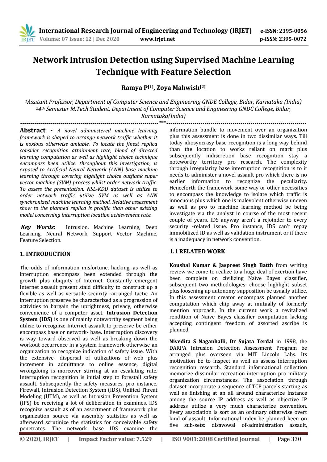IRJET- Network Intrusion Detection using Supervised Machine Learning Technique with Feature Sele ...