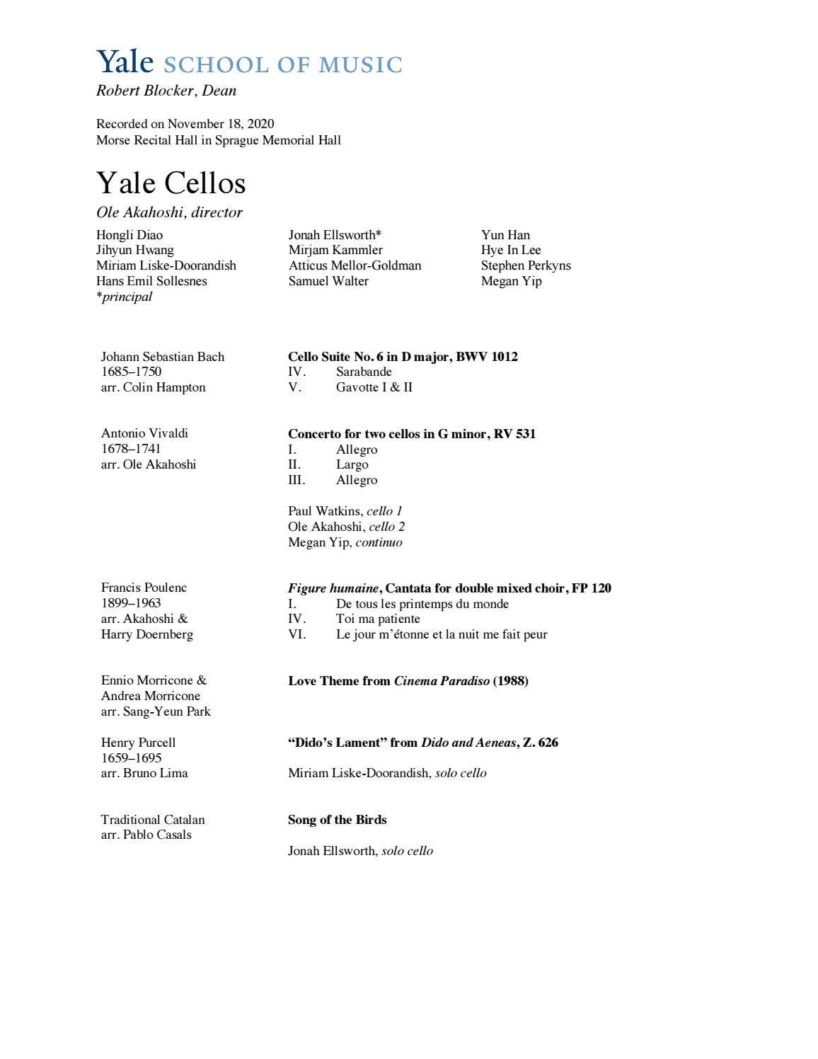 Yale Cellos, February 5, 2021 by Yale School of Music - Issuu