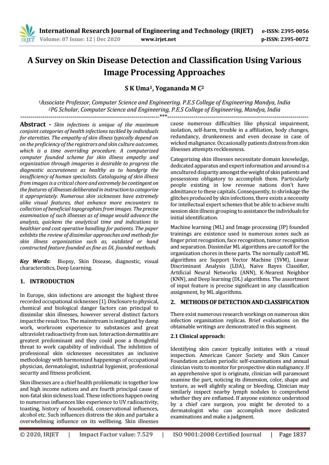 IRJET- A Survey on Skin Disease Detection and Classification using Various Image Processing ...