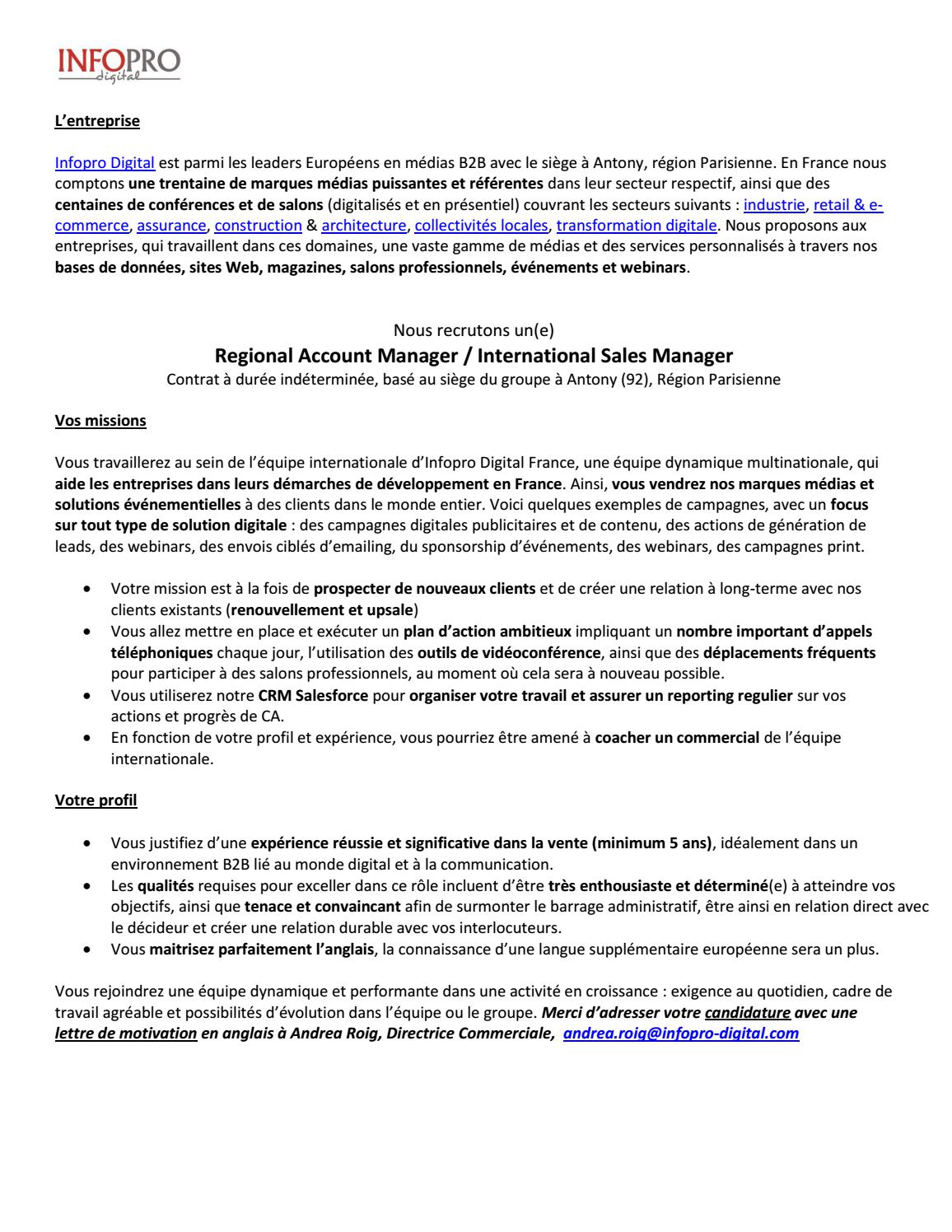 Regional Account Manager / International Sales Manager by INFOPRO ...