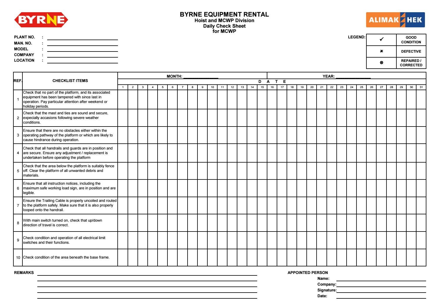 Weekly and daily check sheets by Byrne Group - Issuu