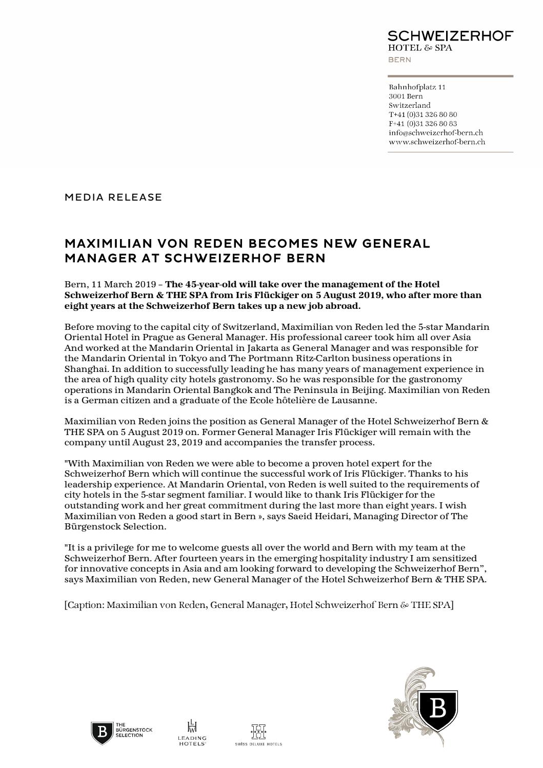 Maximilian von Reden becomes new General Manager at Schweizerhof Bern ...