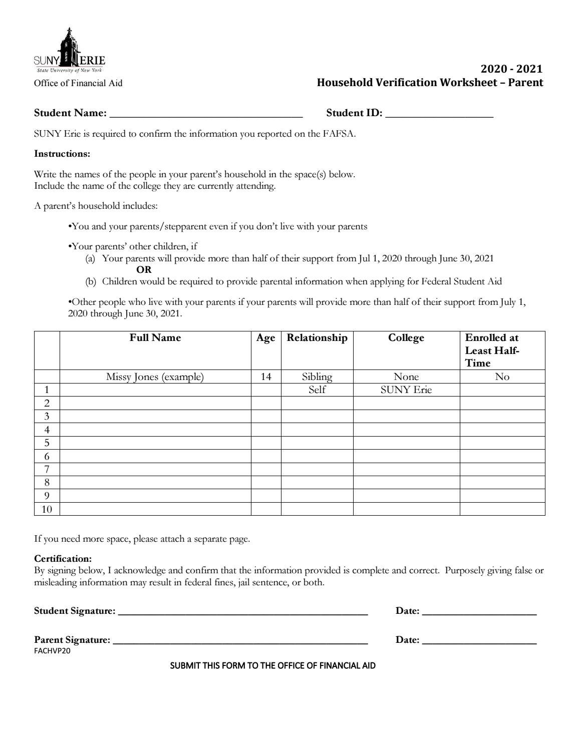 Household Verification Worksheet-Parent by SUNY Erie - Issuu