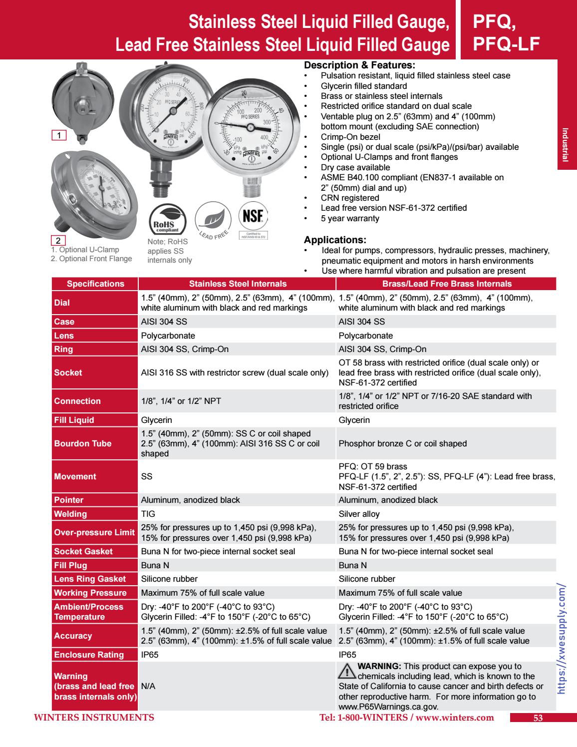 PFQ Stainless Steel Liquid Filled Gauge, Winters Instruments, Dubai, UAE https://xwesupply.com ...