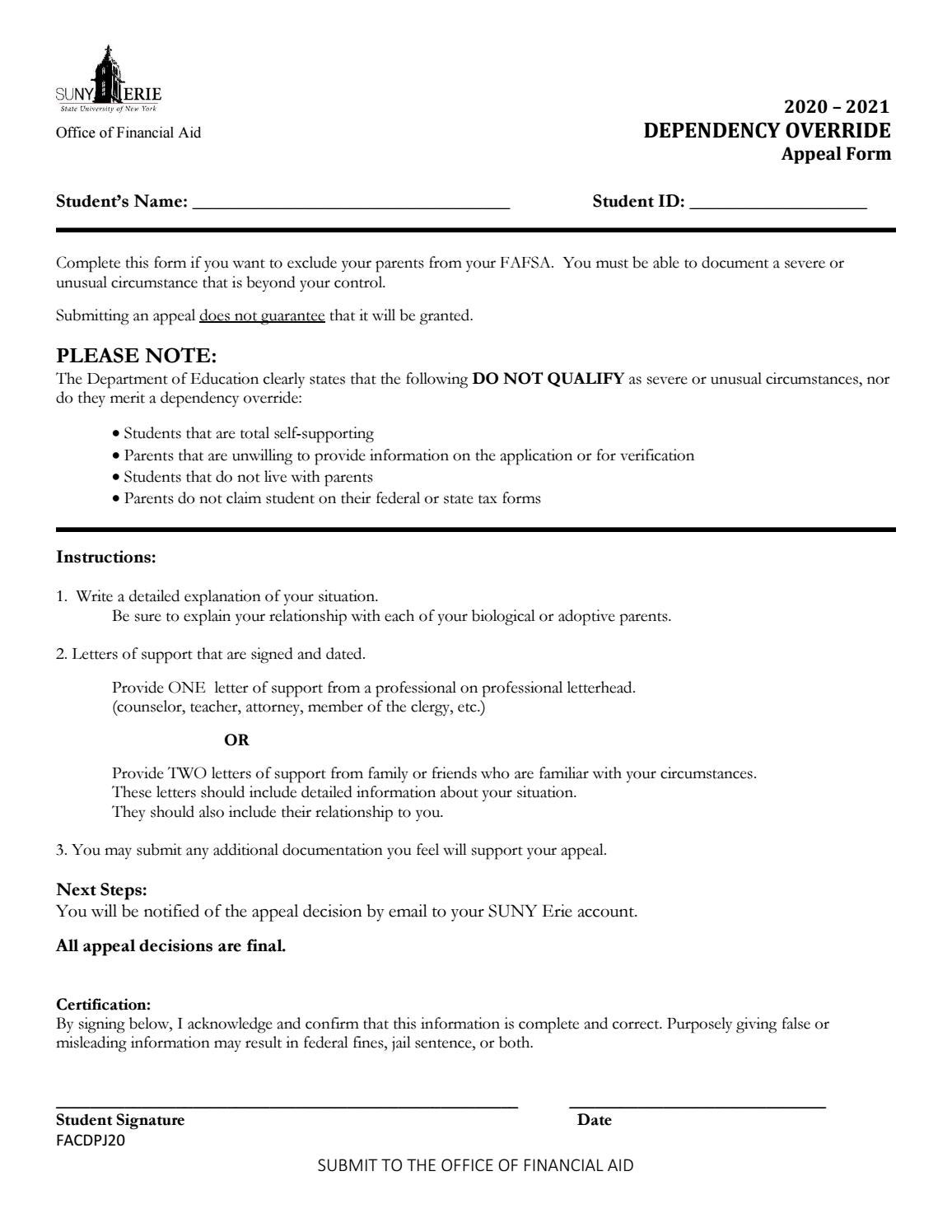 Dependency Override Appeal Form by SUNY Erie - Issuu