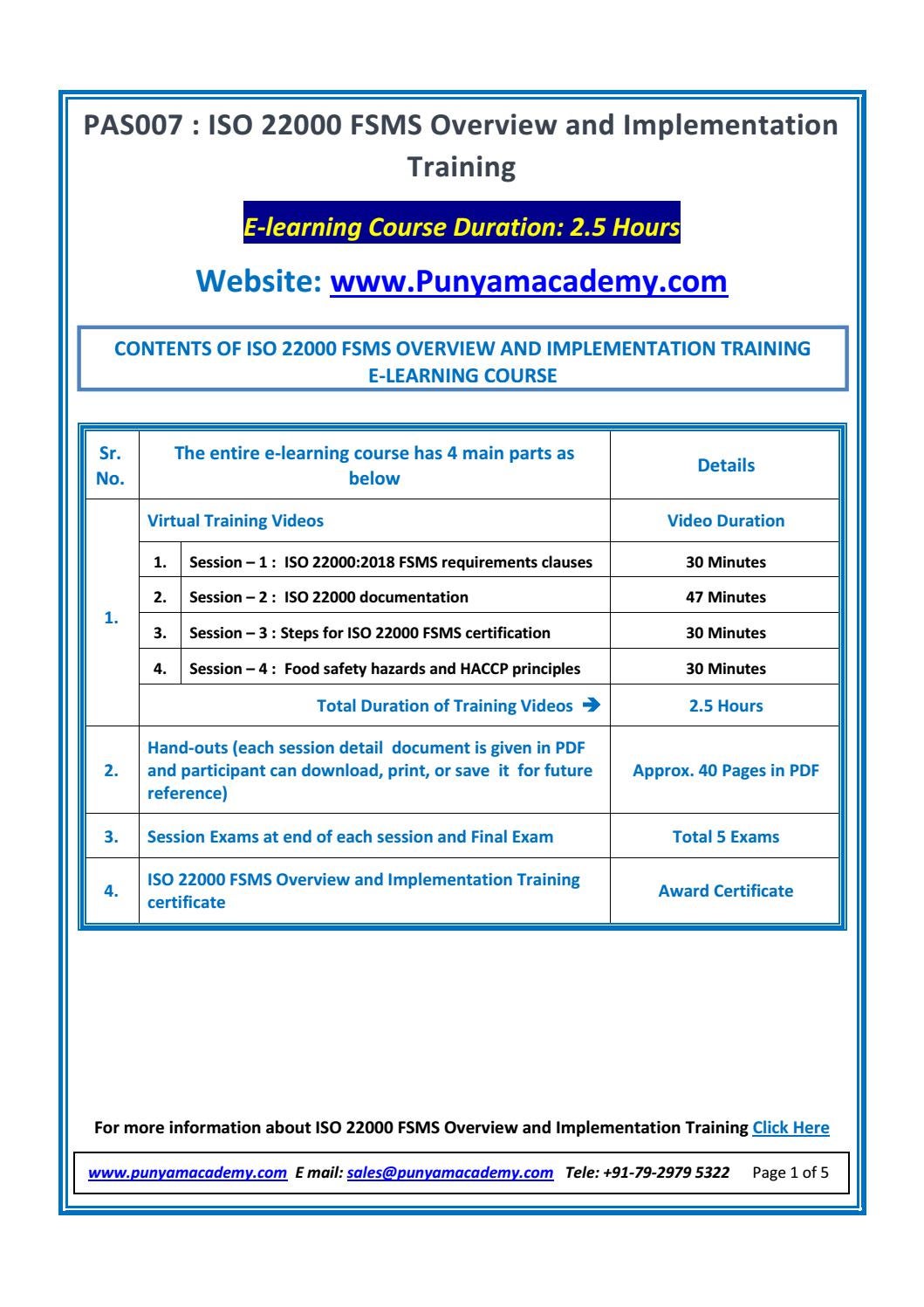 ISO 22000 FSMS Overview and Implementation Training by Punyam Academy ...