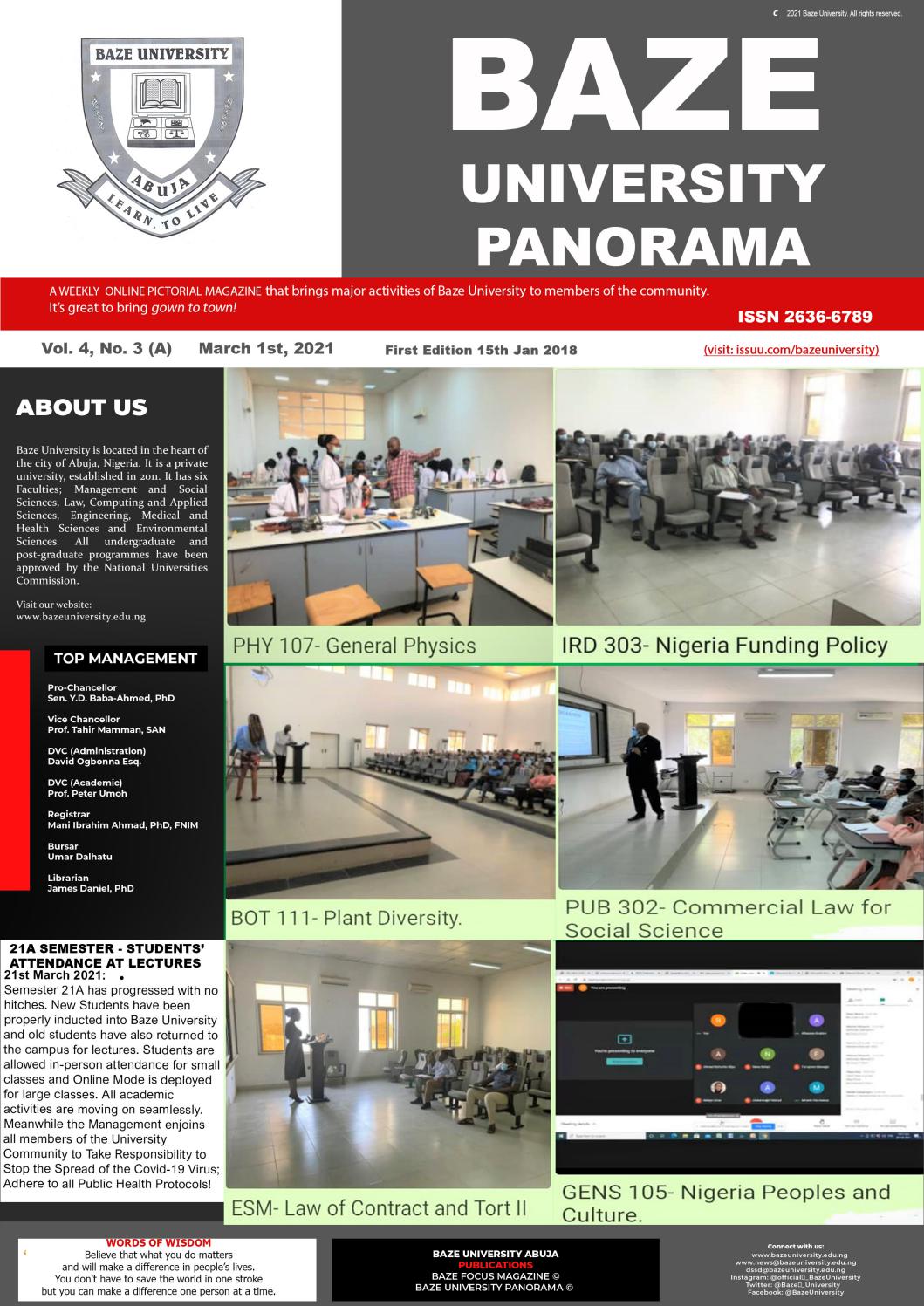 BAZE UNIVERSITY PANORAMA NEWS (1st March 2021) by Baze University - Issuu