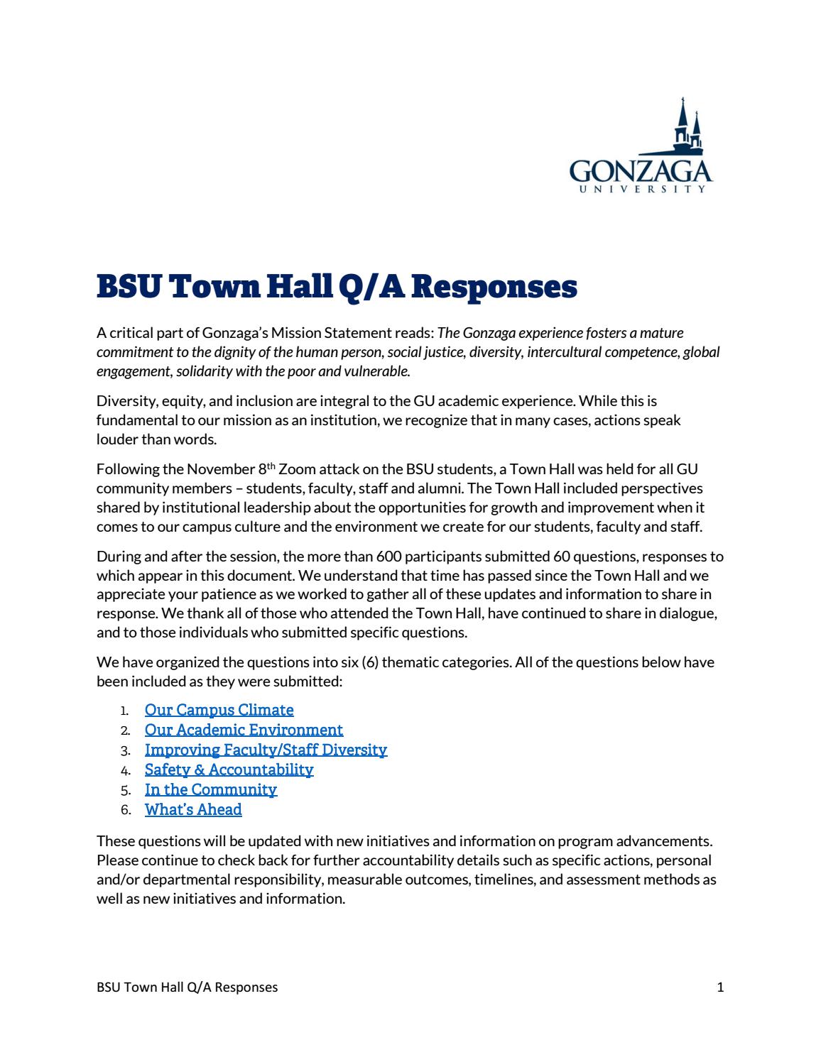 BSU Town Hall Q/A Responses by Gonzaga University - Issuu