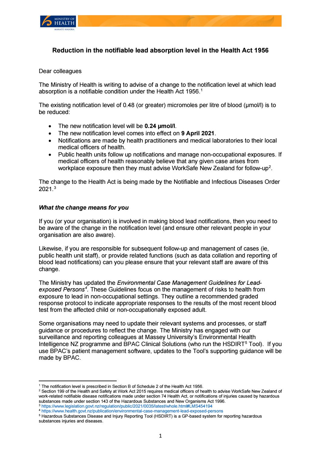 Lead notification level reduction letter to stakeholders by WBOP PHO ...