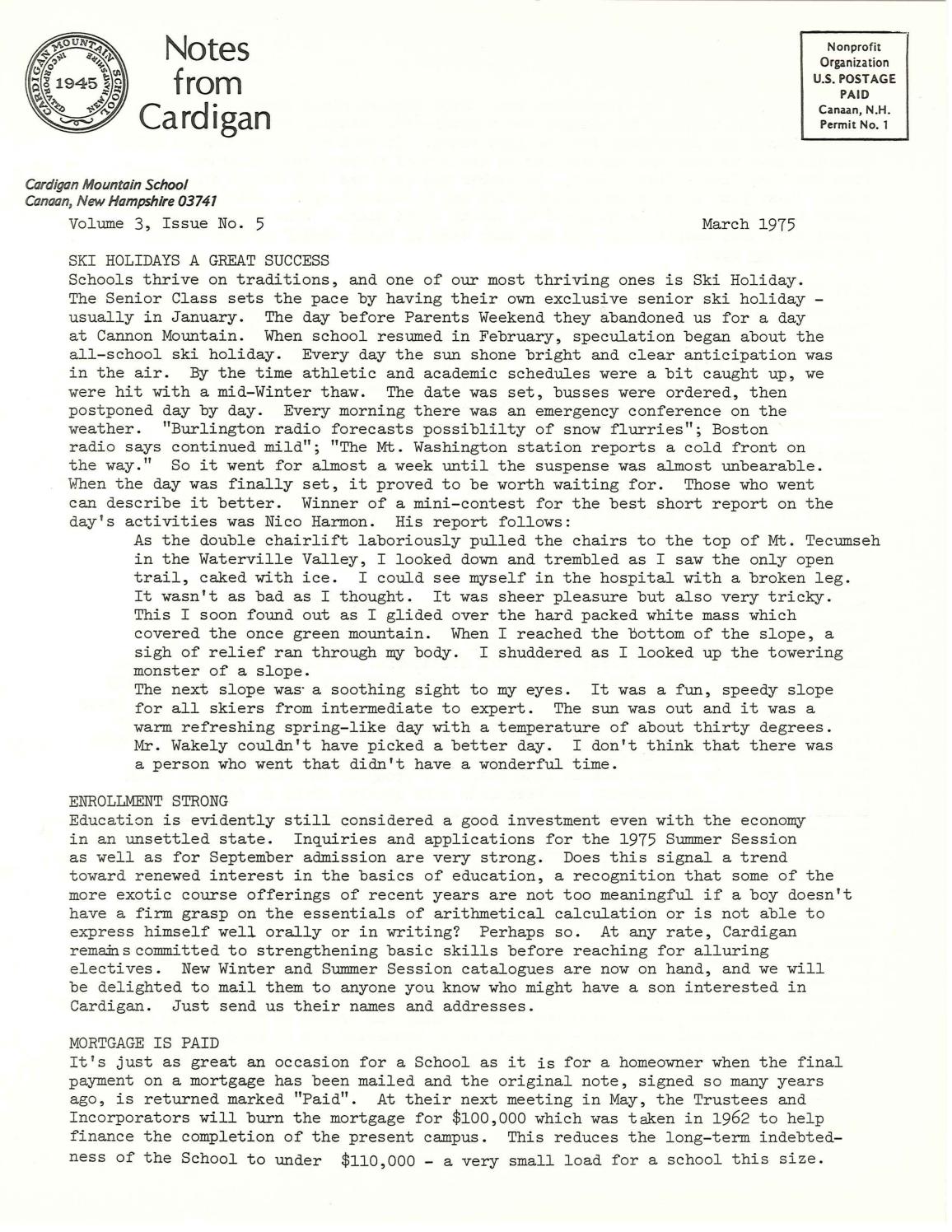 Notes from Cardigan (March, 1975) by Cardigan Mountain School - Issuu