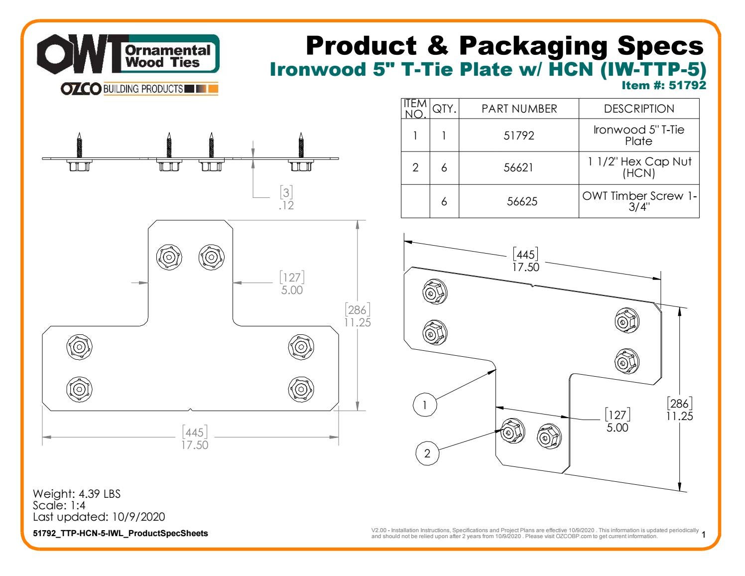 Truss Ties "T" Tie Plate 5" OWT-Lite with Hex Cap Nuts Ironwood (51792 ...