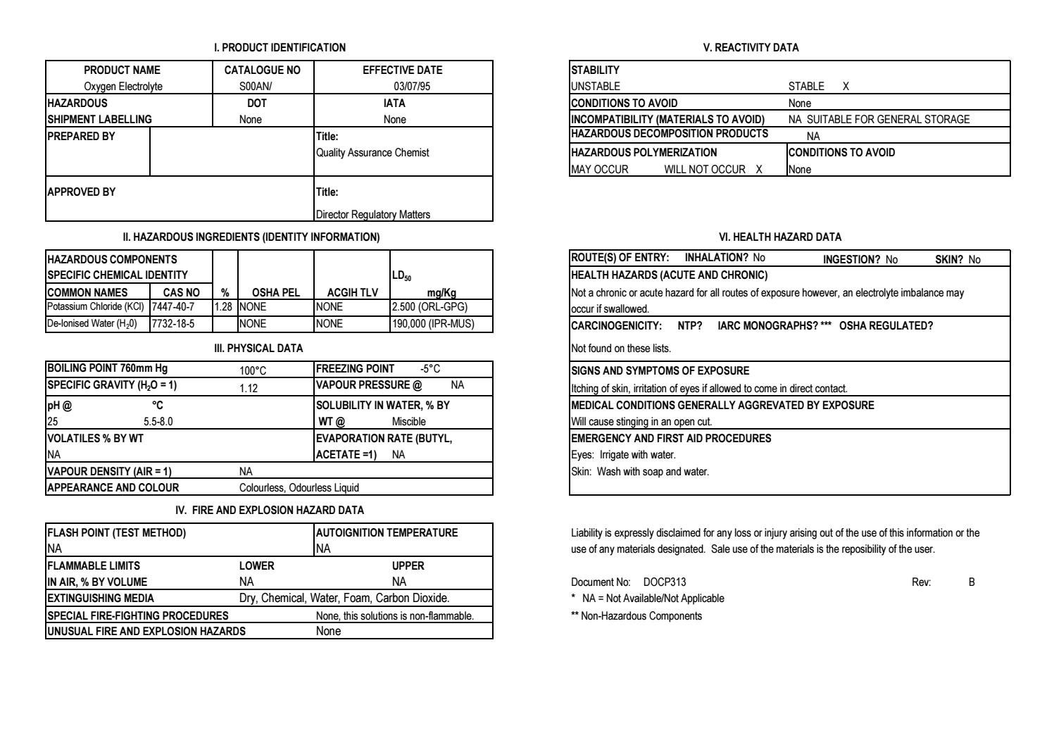 Oxygen Electrolyte Data Sheet by ETC Educational Technology Connection ...