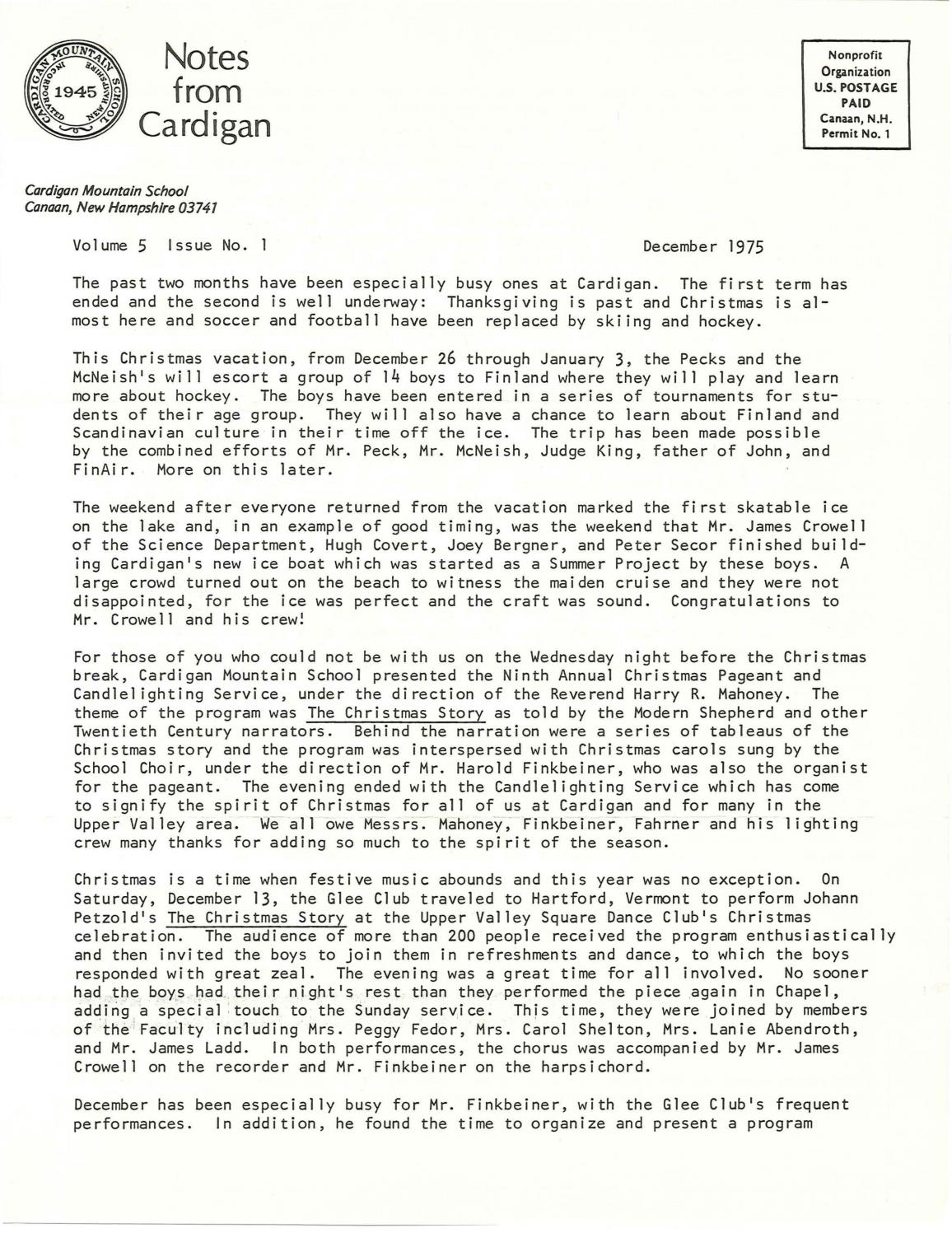 Notes from Cardigan (December, 1975) by Cardigan Mountain School - Issuu
