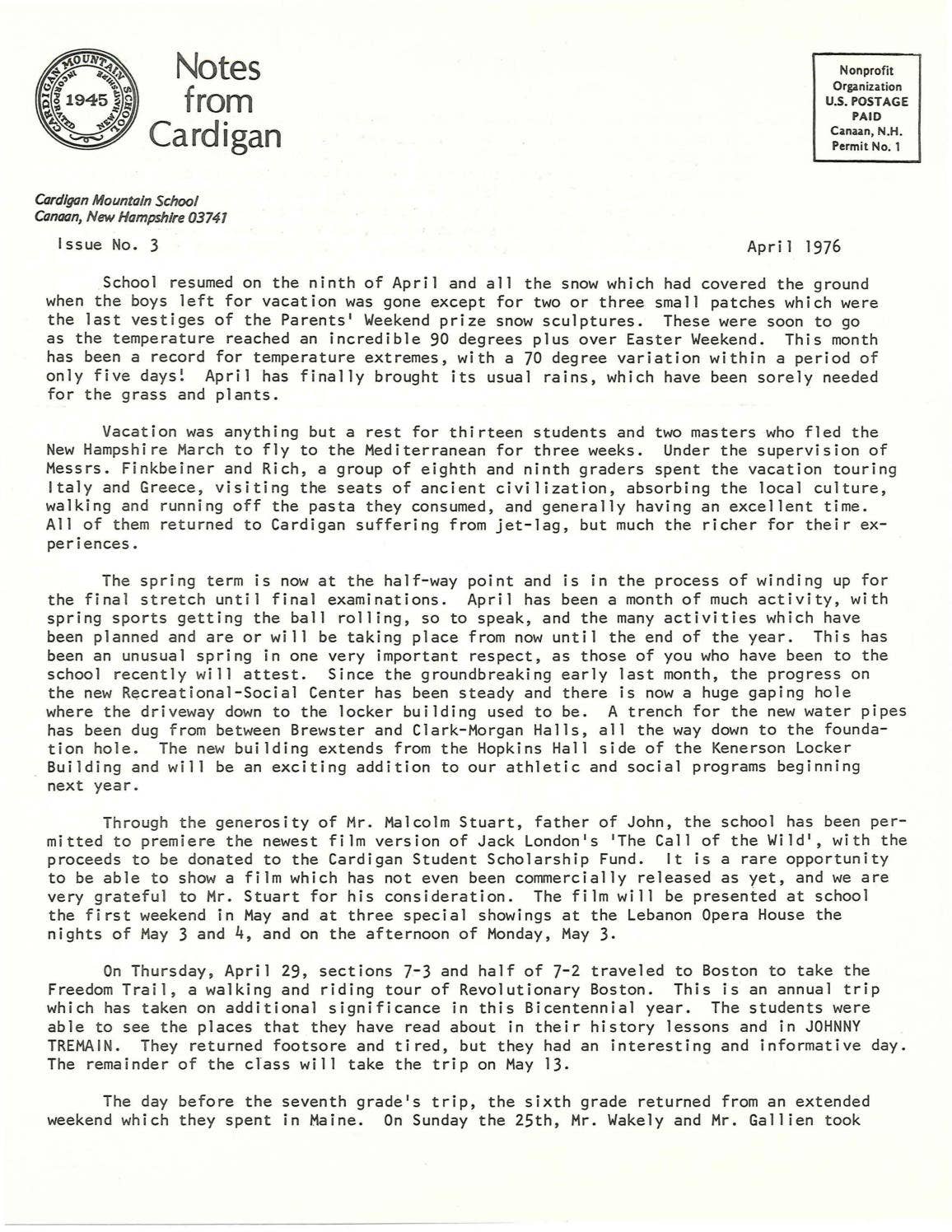 Notes from Cardigan (April, 1976) by Cardigan Mountain School - Issuu