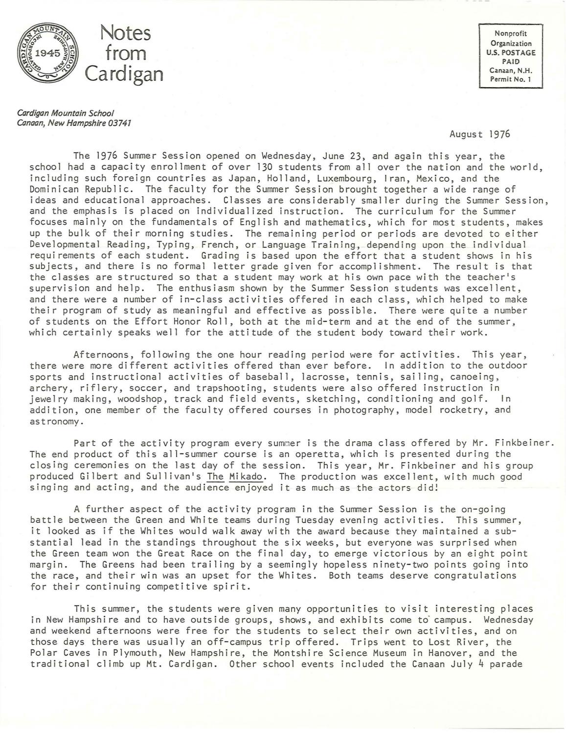 Notes from Cardigan (August, 1976) by Cardigan Mountain School - Issuu