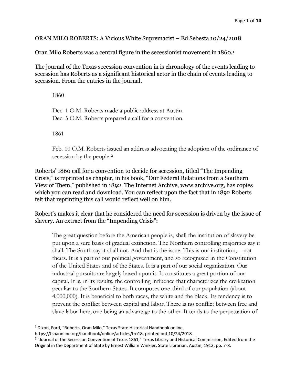 Oran Milo Roberts - A Vicious White Supremacist by Edward H. Sebesta ...