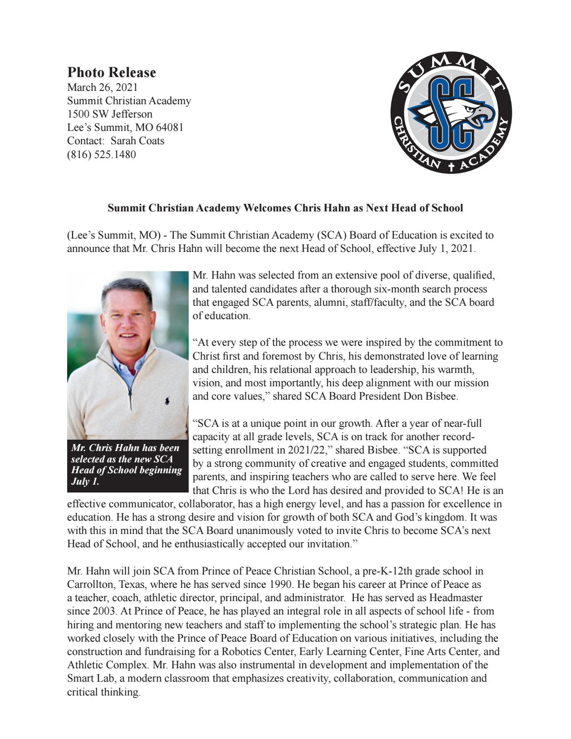 SCA Welcomes Chris Hahn as New Head of School by SummitChristianAcademy ...