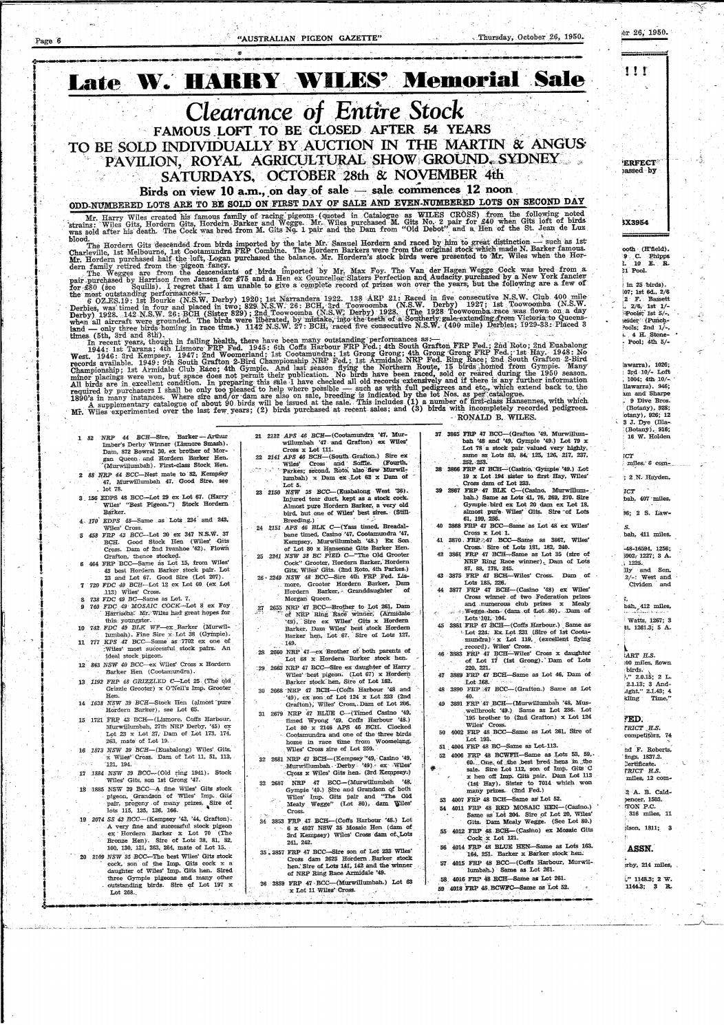 Harry Wiles 28th Oct 1950 by Australian Pigeon Catalogues - Issuu