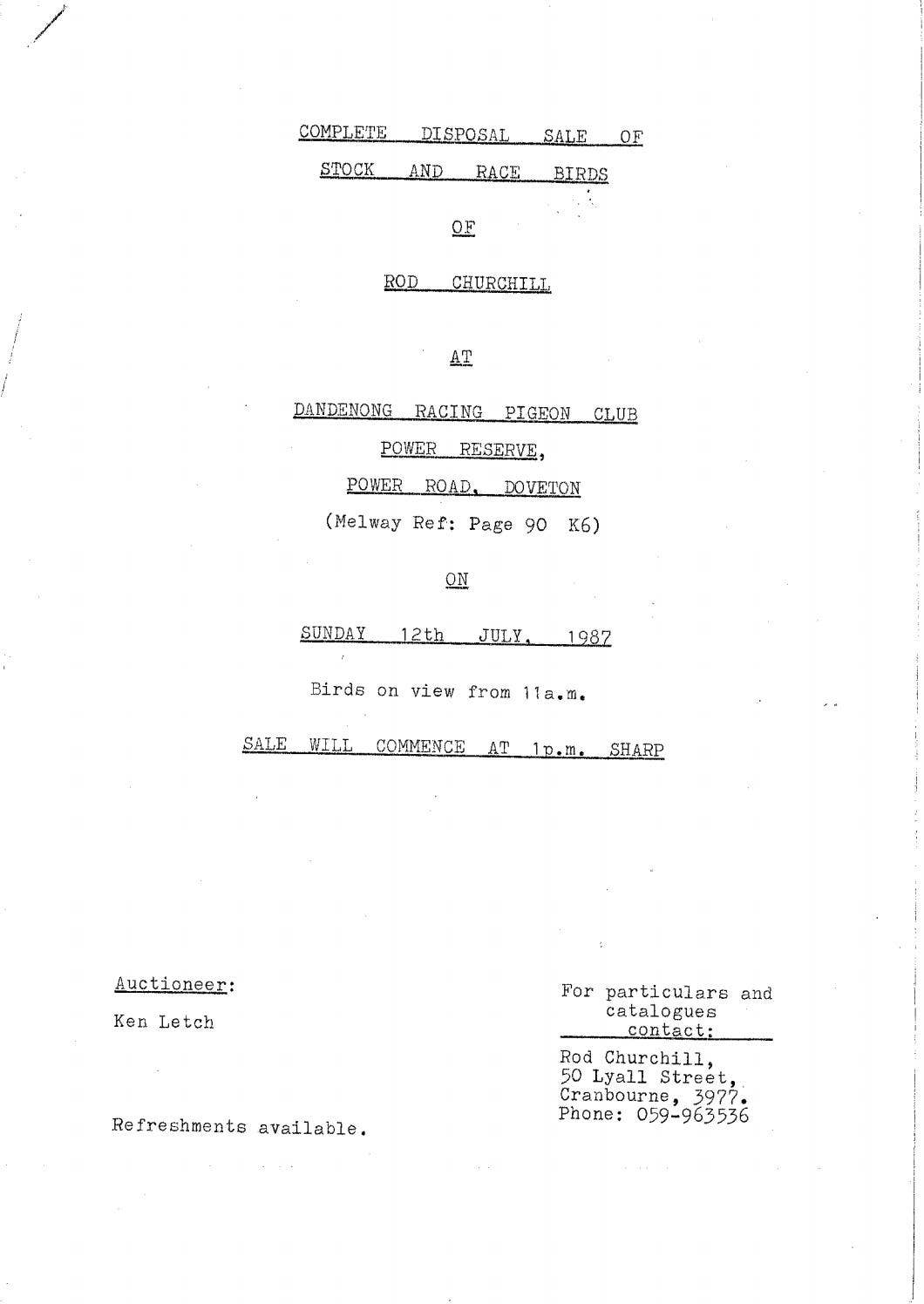 Rod Churchill 12th July 1987 by Australian Pigeon Catalogues - Issuu