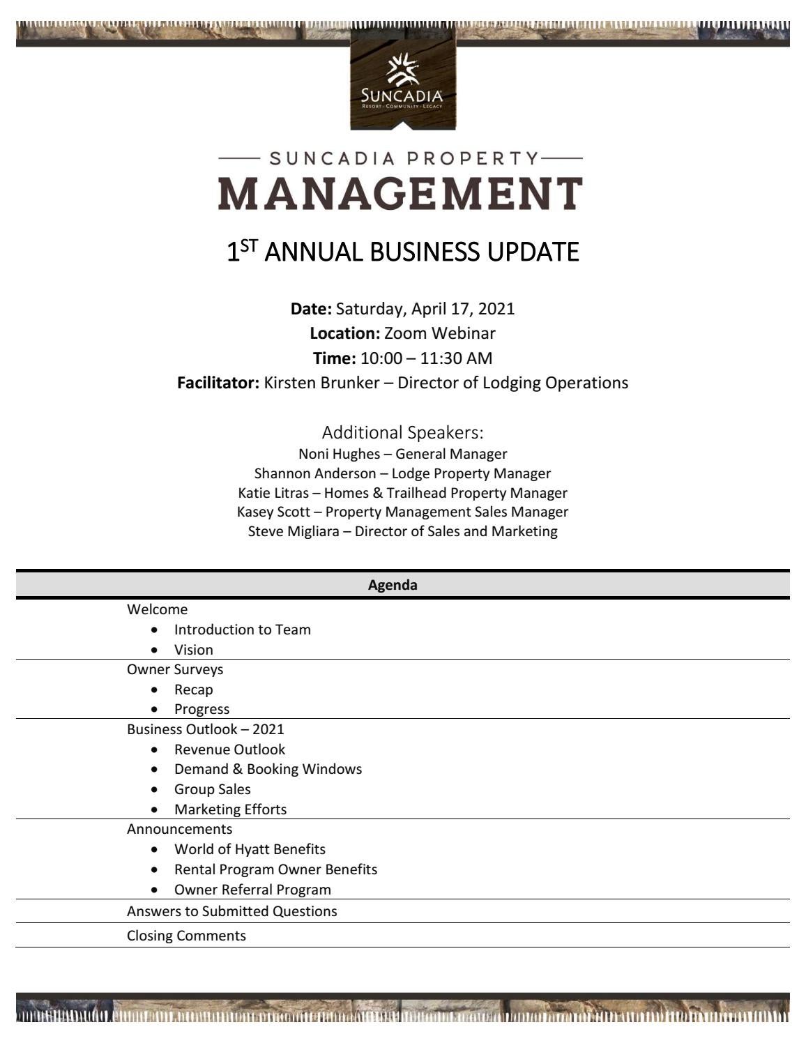 PM 1st Annual Business Update | Agenda by Suncadia Resort - Issuu