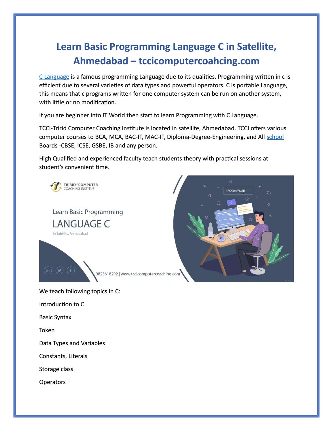 Learn Basic Programming Language C In Satellite Ahmedabad By Rosario