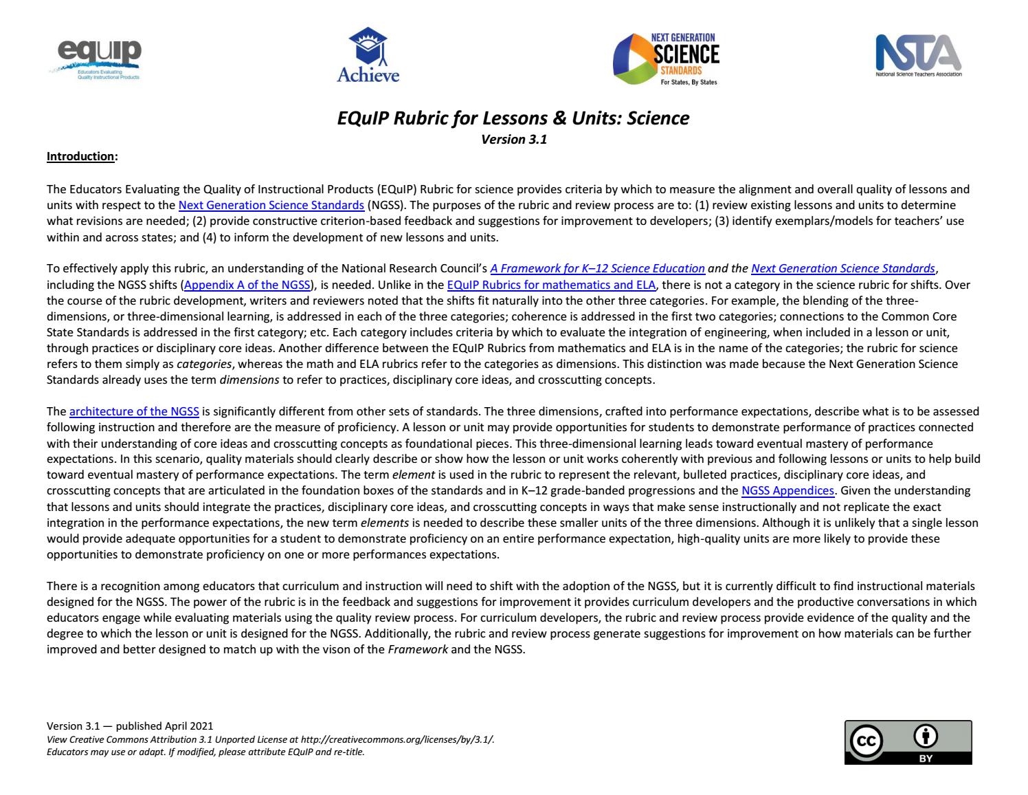 EQuIP Rubric for Science v3.1 by NextGenScience - Issuu