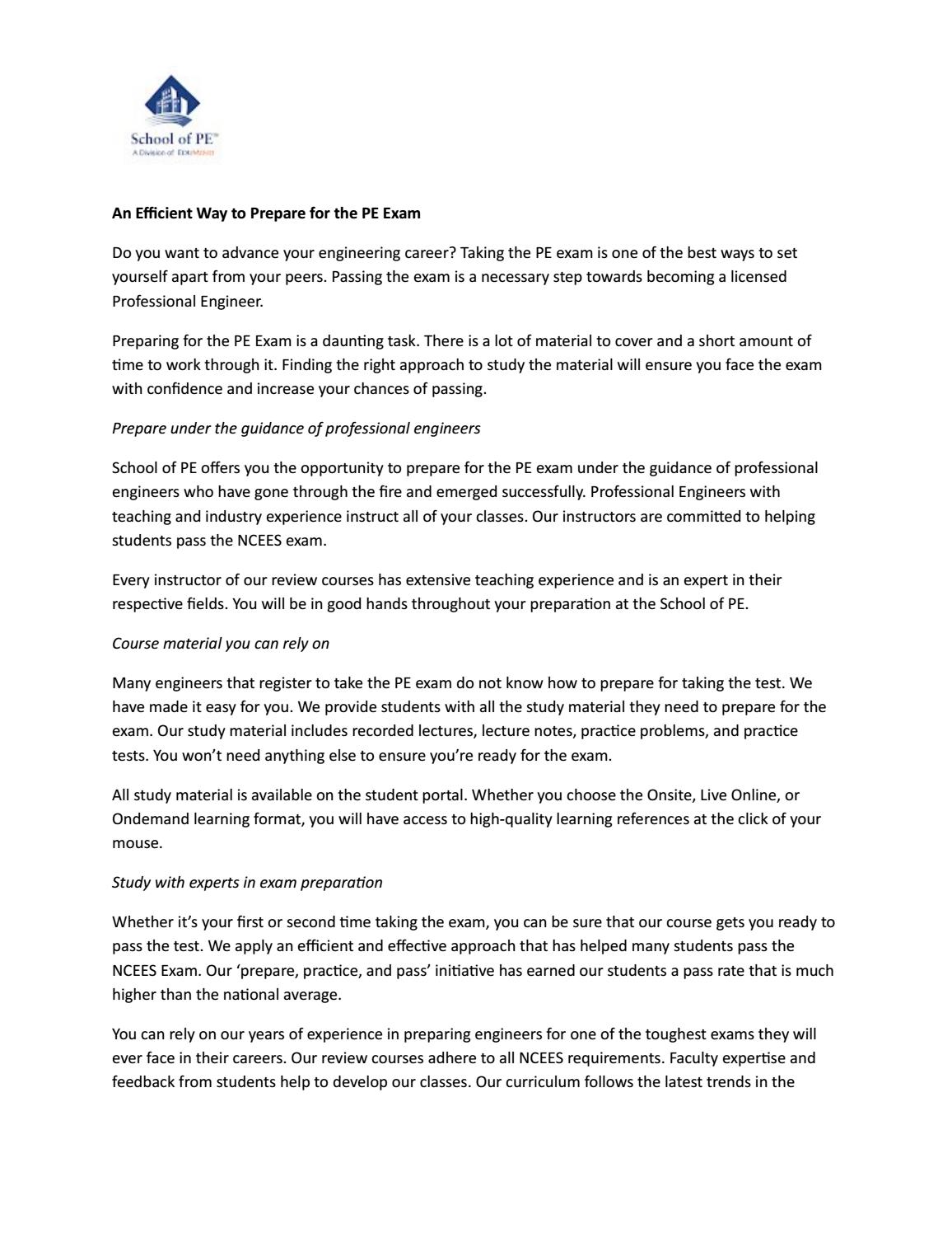 An Efficient Way to Prepare for the PE Exam by School of PE - Issuu