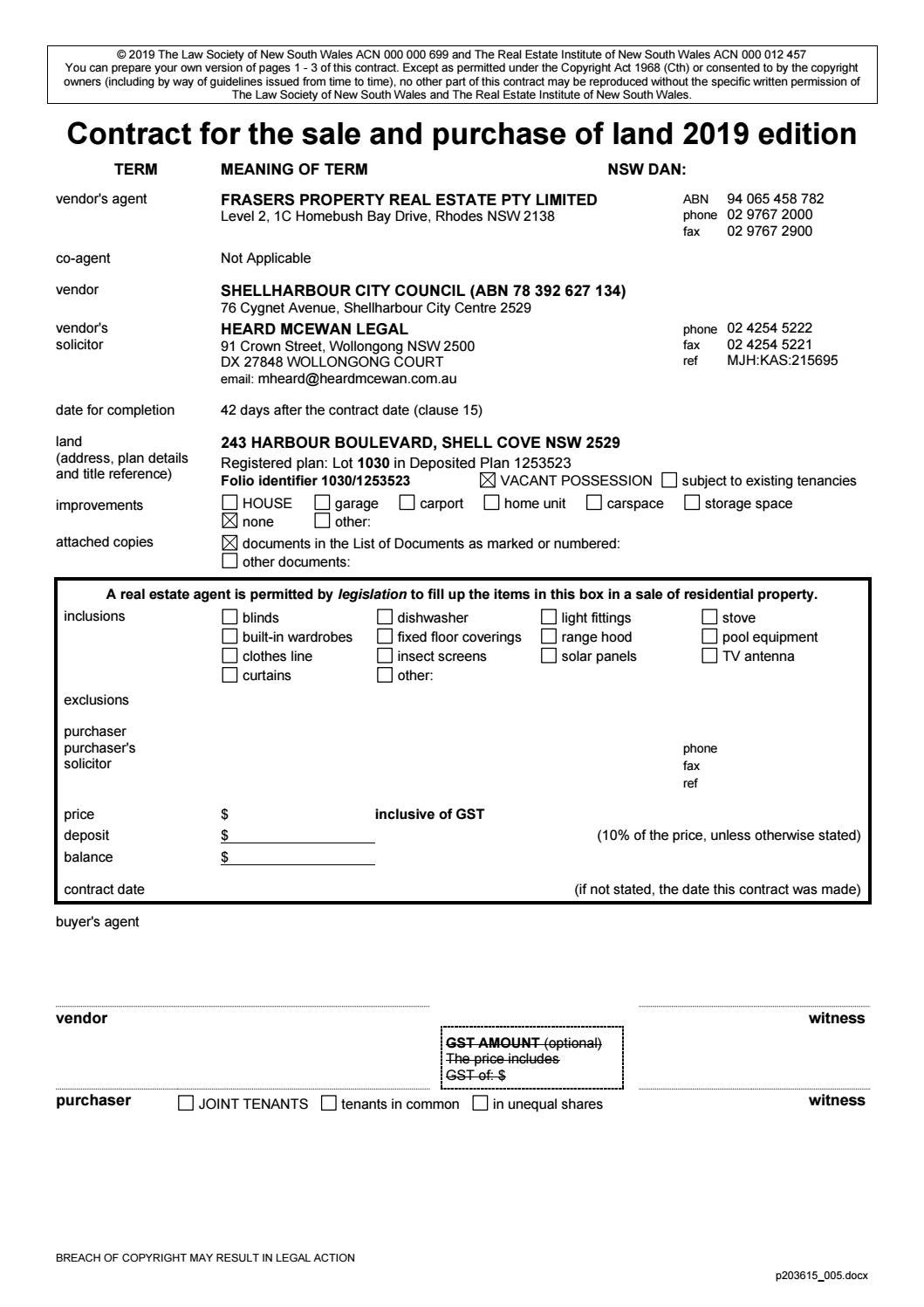 The Waterfront, Shell Cove - Registered Land Lots - 1030 draft contract ...