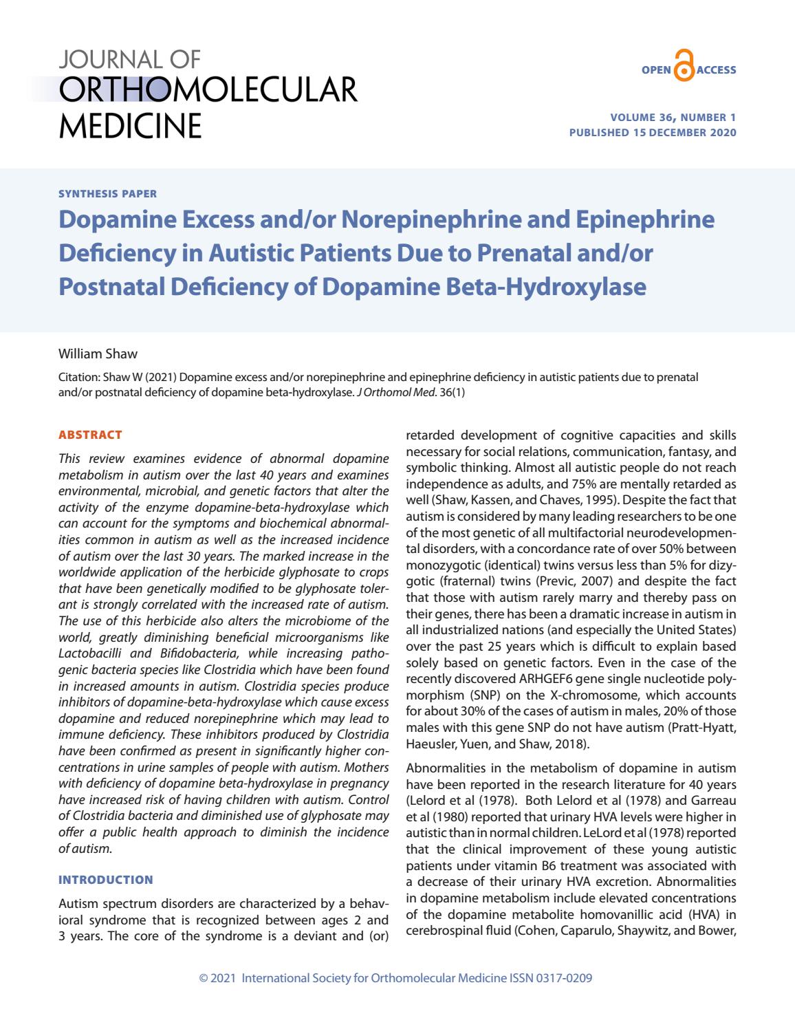 Dopamine Excess and/or Norepinephrine and Epinephrine Deficiency in ...