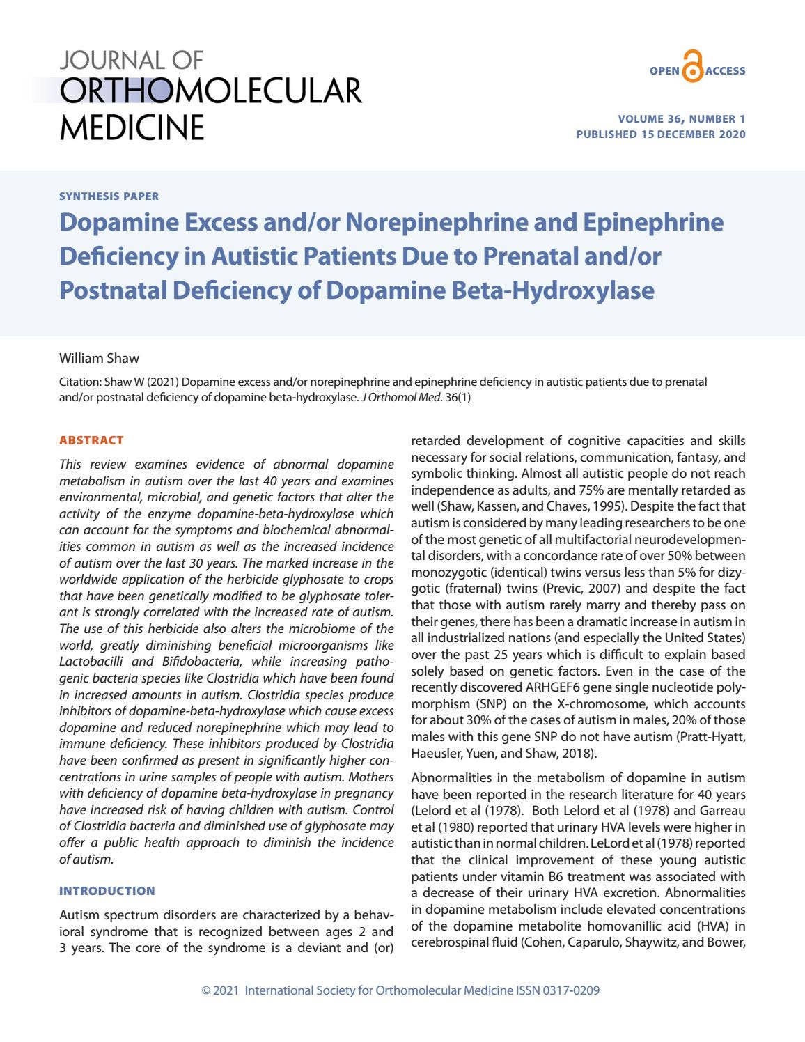 Dopamine Excess and/or Norepinephrine and Epinephrine Deficiency in ...