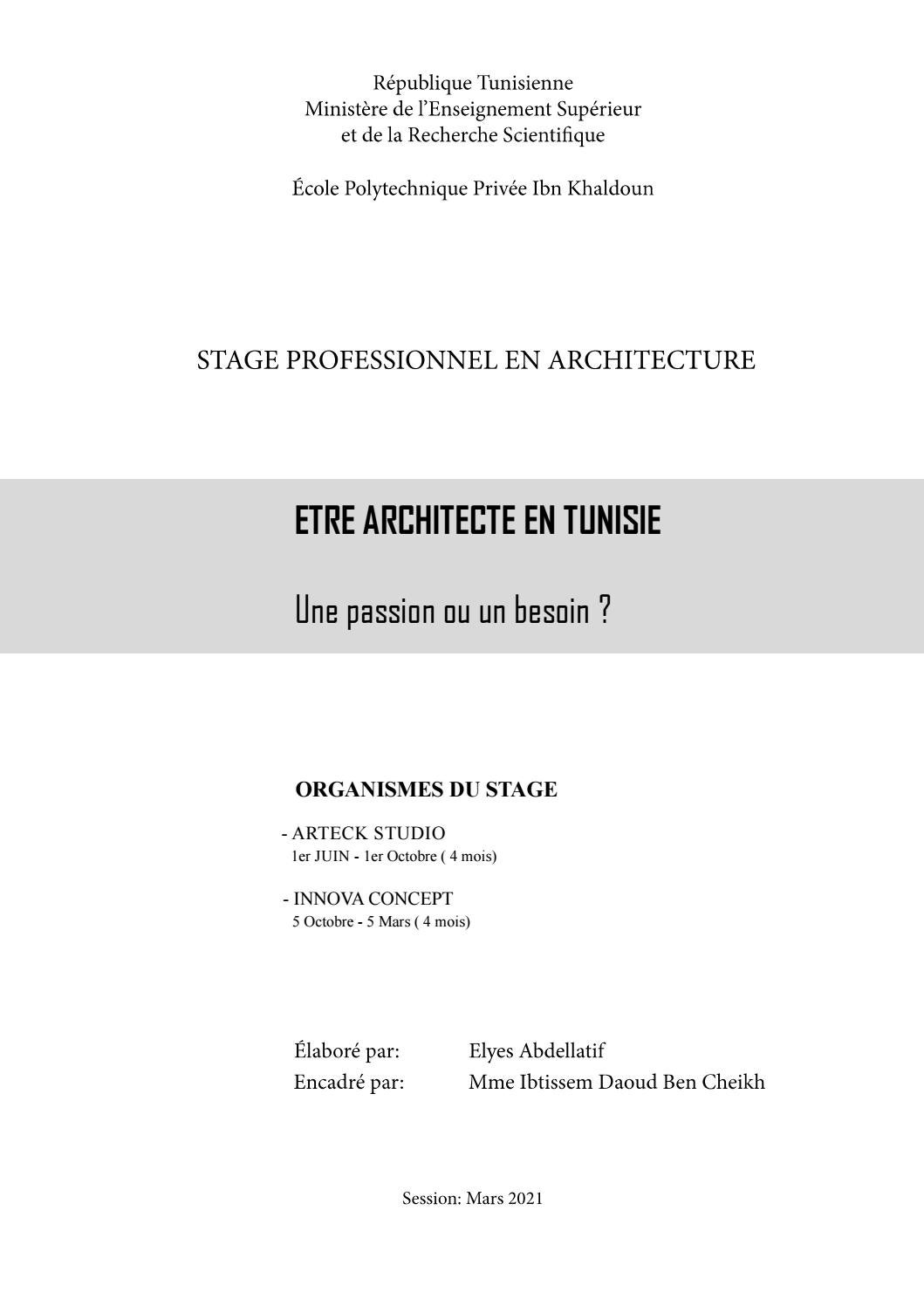 Rapport de stage professionnel | Être Architecte en Tunisie: Une ...