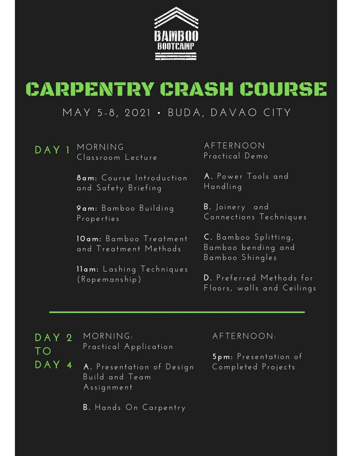 Bamboo Bootcamp Carpentry Mini Workshop Course Outline by nowcandoit ...