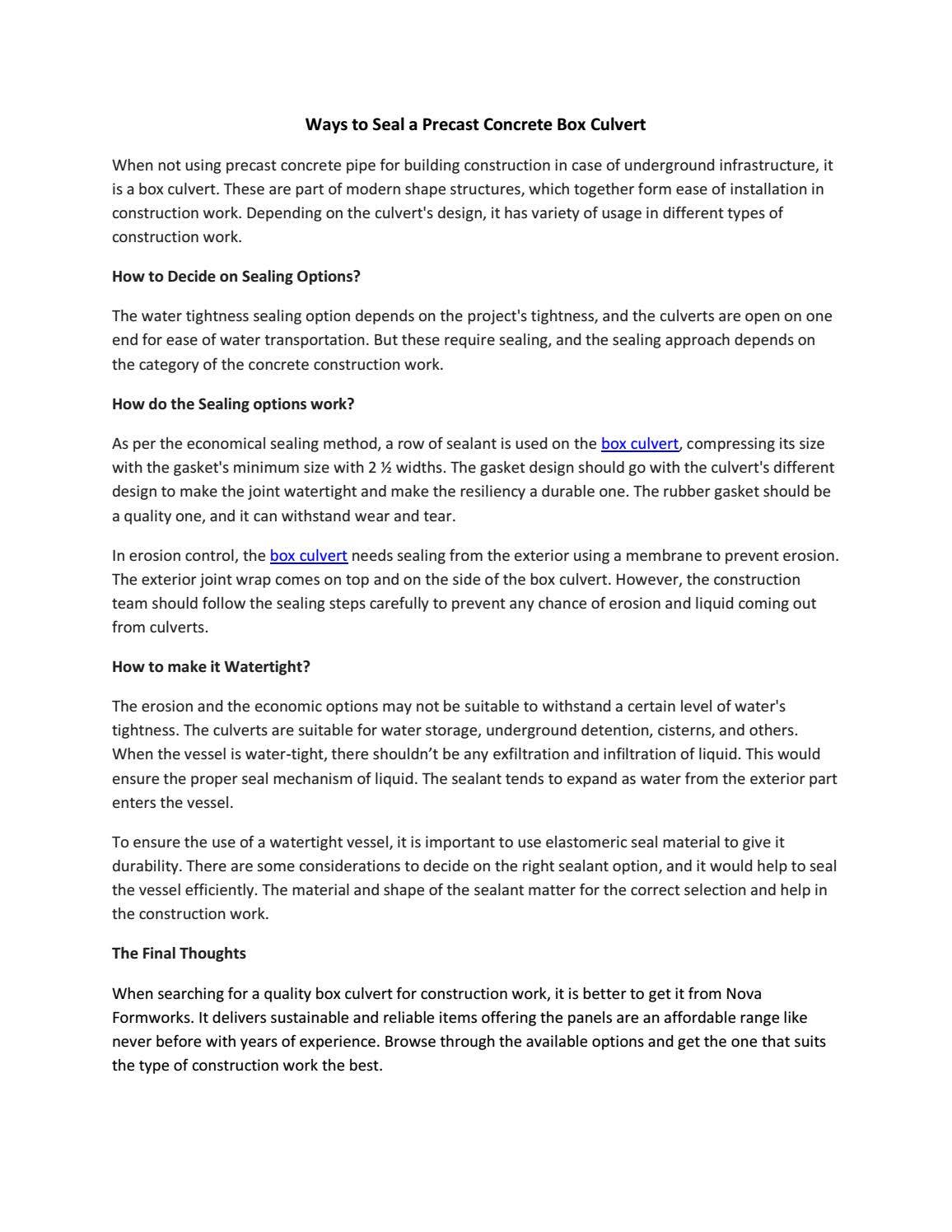 Ways to Seal a Precast Concrete Box Culvert by Nova FormWorks - Issuu