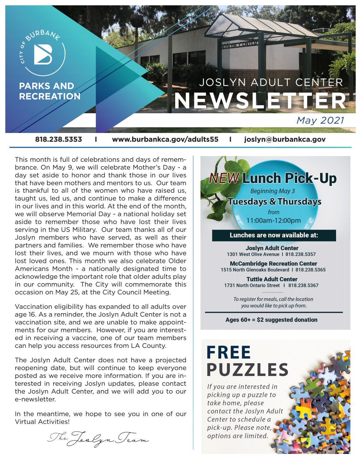 Joslyn Adult Center Newsletter - May 2021 by Burbank Parks and ...