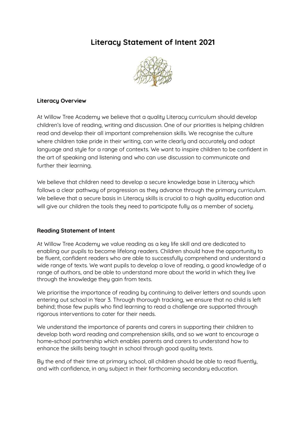 Statement of Intent Literacy by willowtreeacademy8 - Issuu