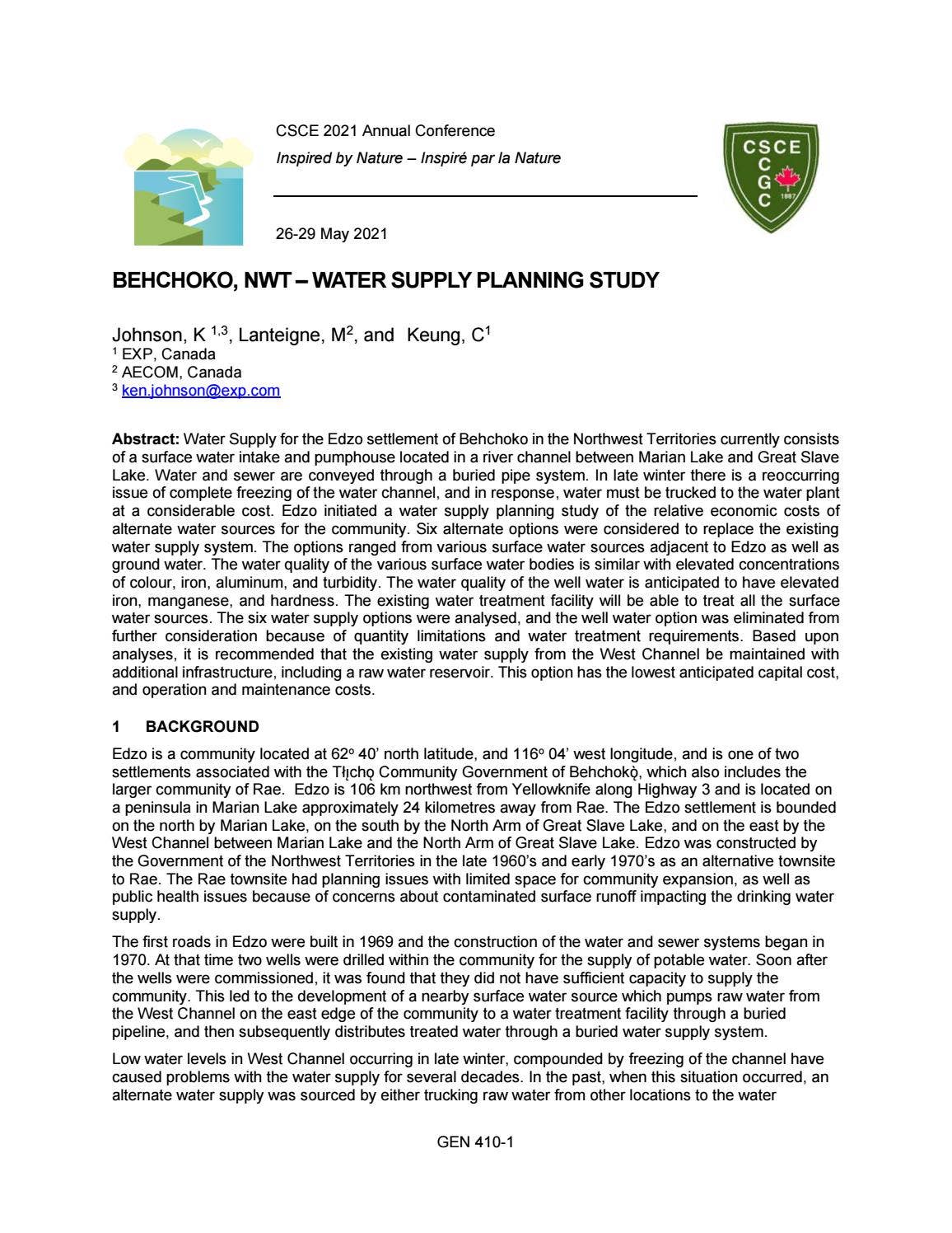 BEHCHOKO, NWT – WATER SUPPLY PLANNING STUDY by Kenneth Johnson - Issuu