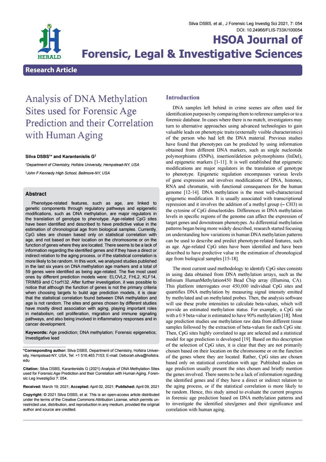 Analysis of DNA Methylation Sites used for Forensic Age Prediction and ...