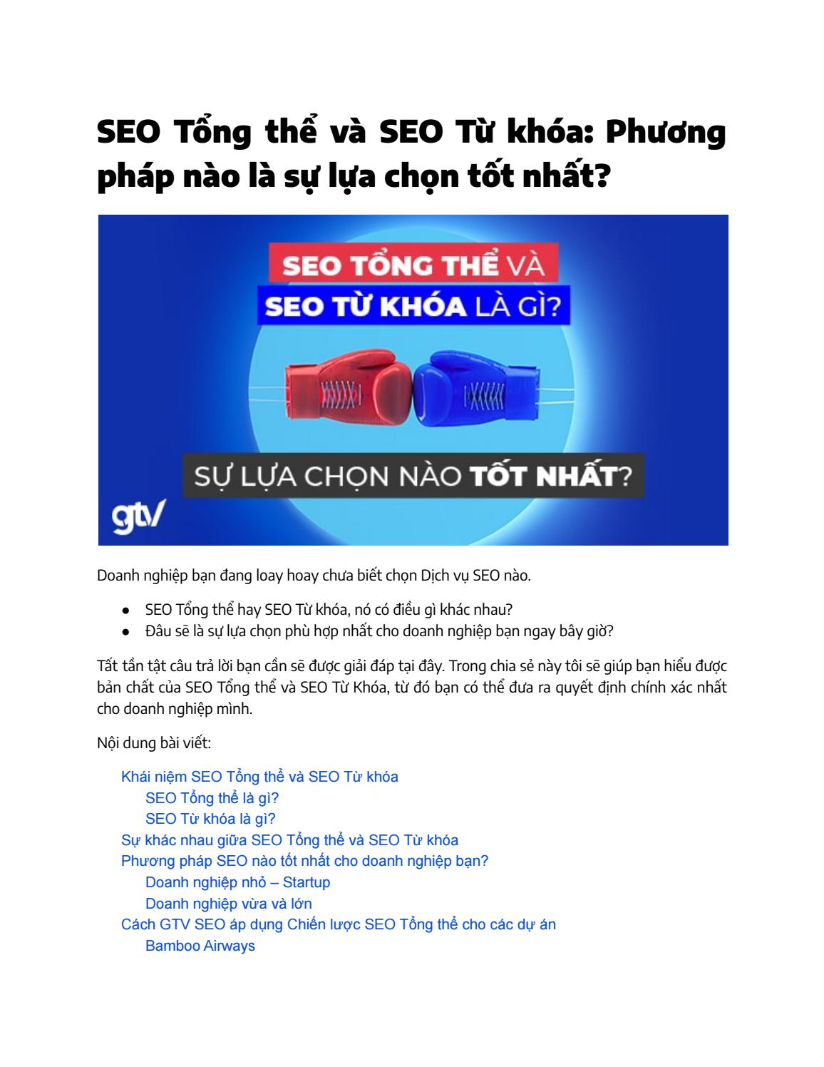 SEO Tổng thể và SEO Từ khóa: Phương pháp nào là sự lựa chọn tốt nhất? by GTV SEO - Issuu