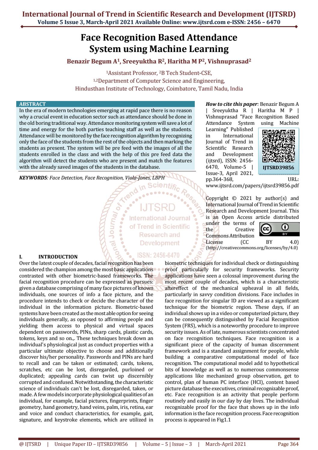 Face Recognition Based Attendance System Using Machine Learning By International Journal Of