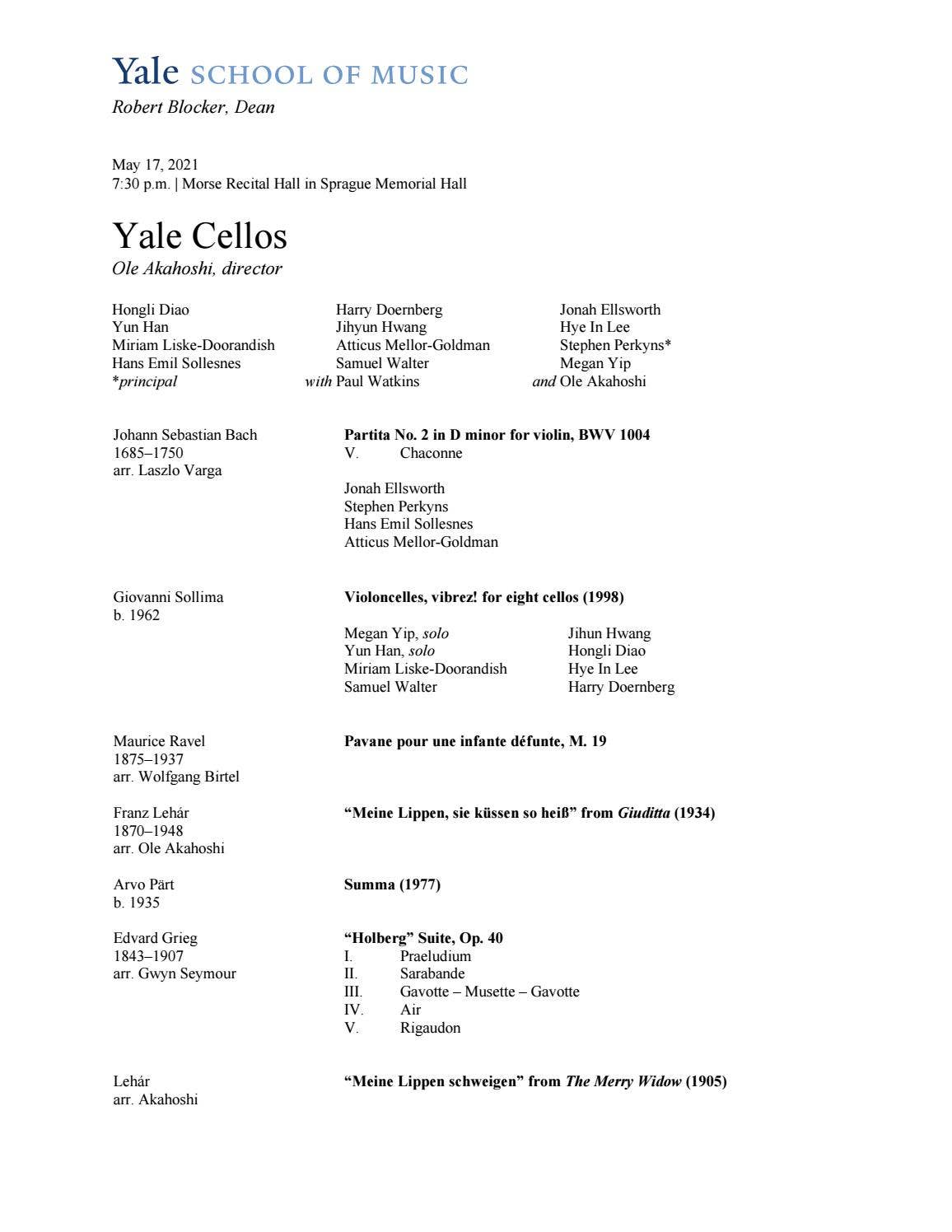Yale Cellos, May 17, 2021 by Yale School of Music - Issuu