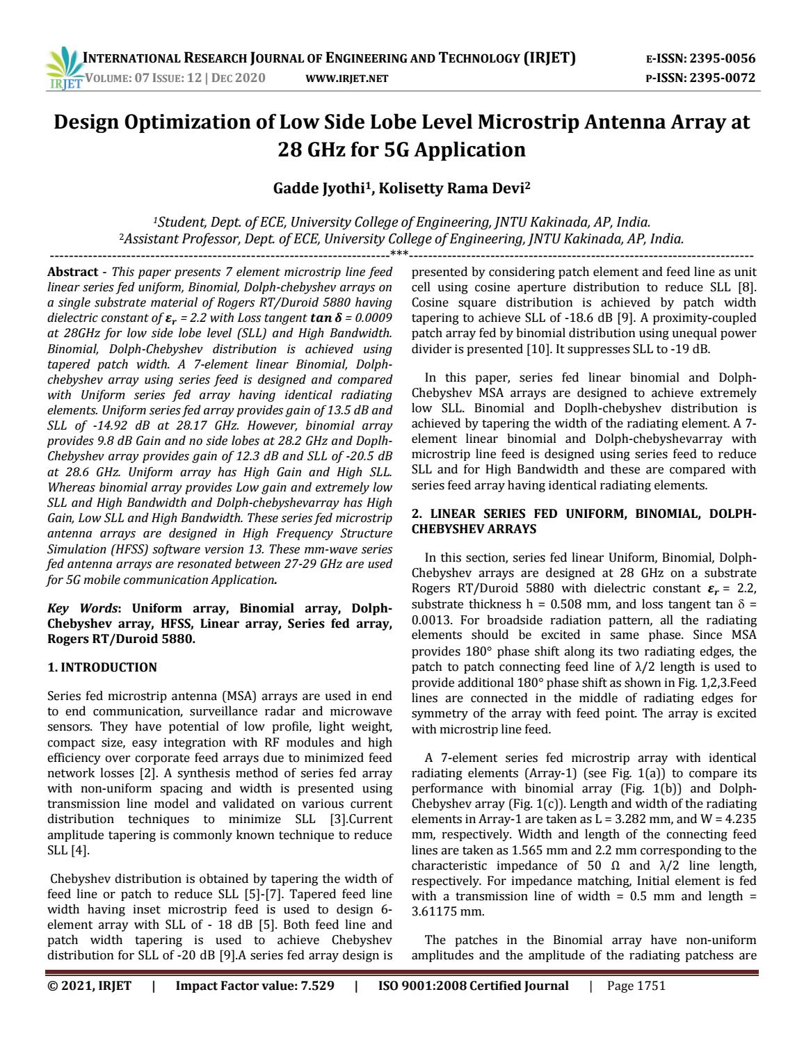 IRJET- Design Optimization of Low Side Lobe Level Microstrip Antenna Array at 28 GHz for 5G ...